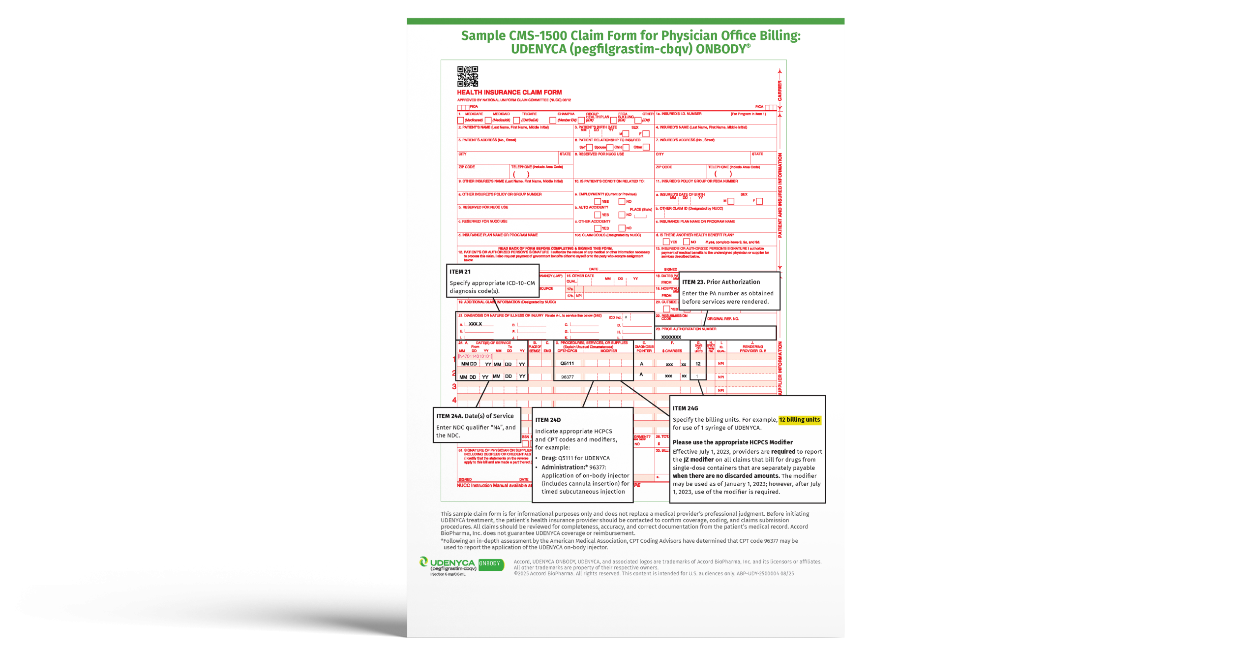 UDENYCA ONBODY Sample Coding Claim Form 1500 - Udenyca